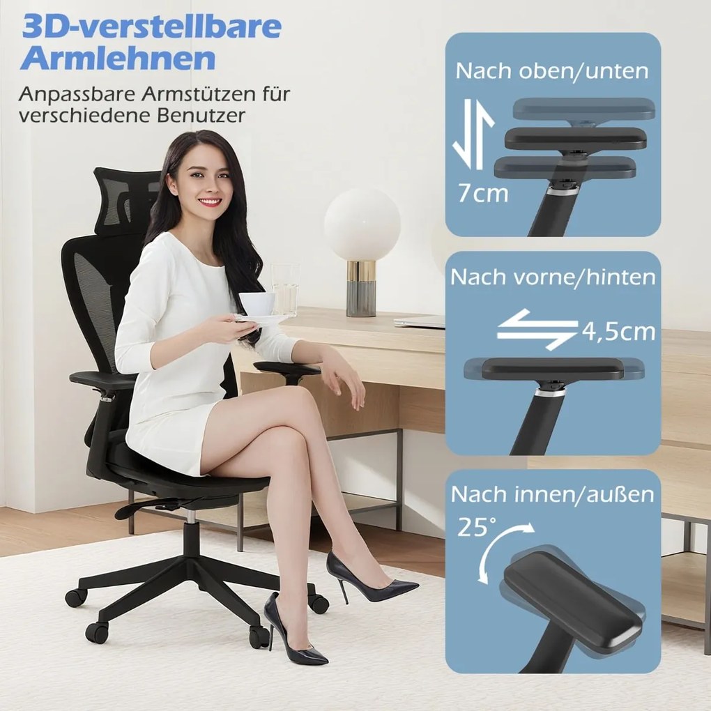 Costway Ergonomická kancelářská židle s nastavitelnou bederní opěrkou a hlavovou