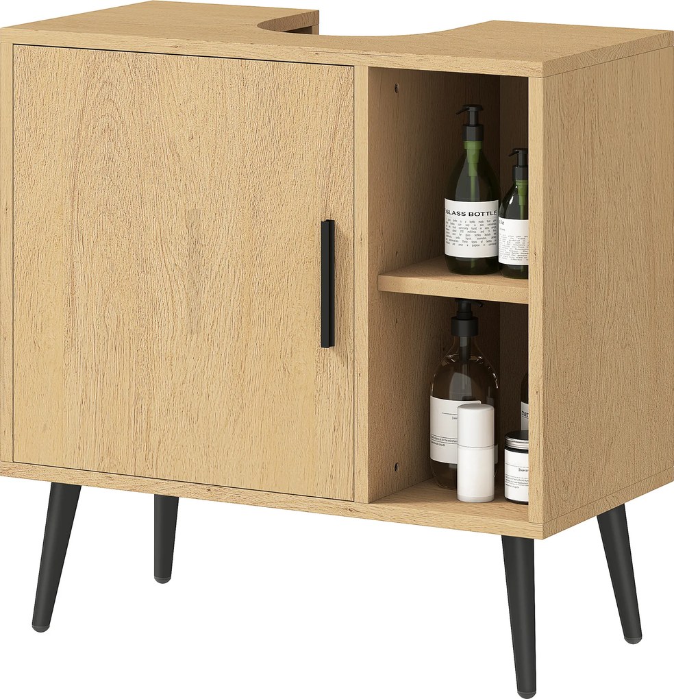 HOMCOM Koupelnová Skříňka Pod Dřez, Průmyslová Umývadlová Jednotka s Tichým Zavíráním Dveří a Nastavitelnou Policí, 60 x 30 x 59,5 cm, Buk
