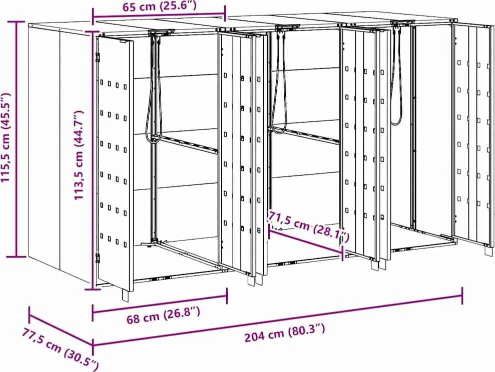 vidaXL Úložný box na 3 popelnice Stříbrná 340 x 77,5 x 115,5 cm [3394789]