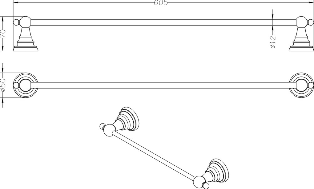 SAPHO DIAMOND retro držák ručníků 600x70mm, bronz 1318-09