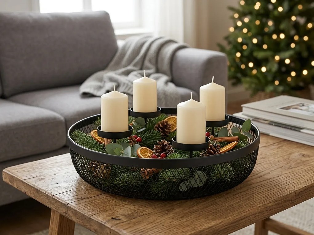 Kovový adventní svícen NOIR WREATH Ø34 cm, černý