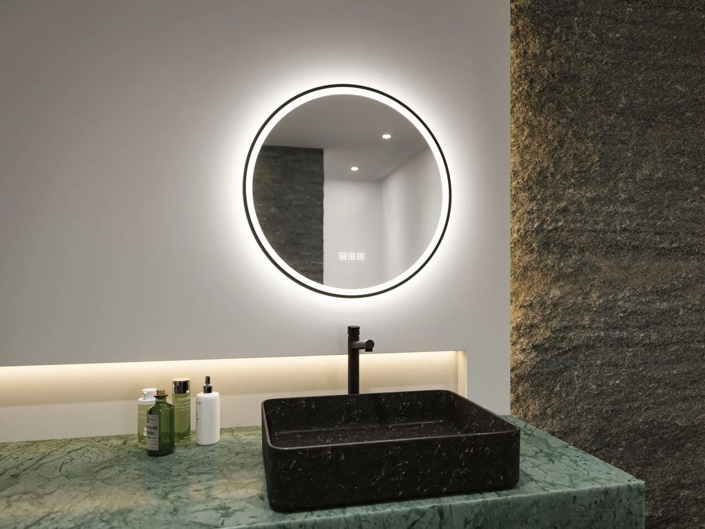 Paulmann 71088 Mirra, stmívatelné kulaté zrcadlo s osvětlením a funkcí odmlžení, 11,5W LED White Switch, černá, průměr 59cm, IP44