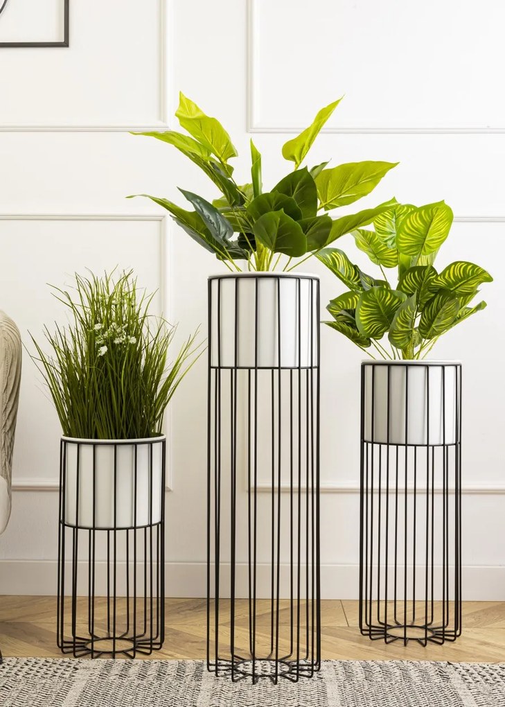 KOVOVÝ KVĚTINÁČ SE STOJÁNEM GLAM 70X20 CM BÍLÁ/ČERNÁ