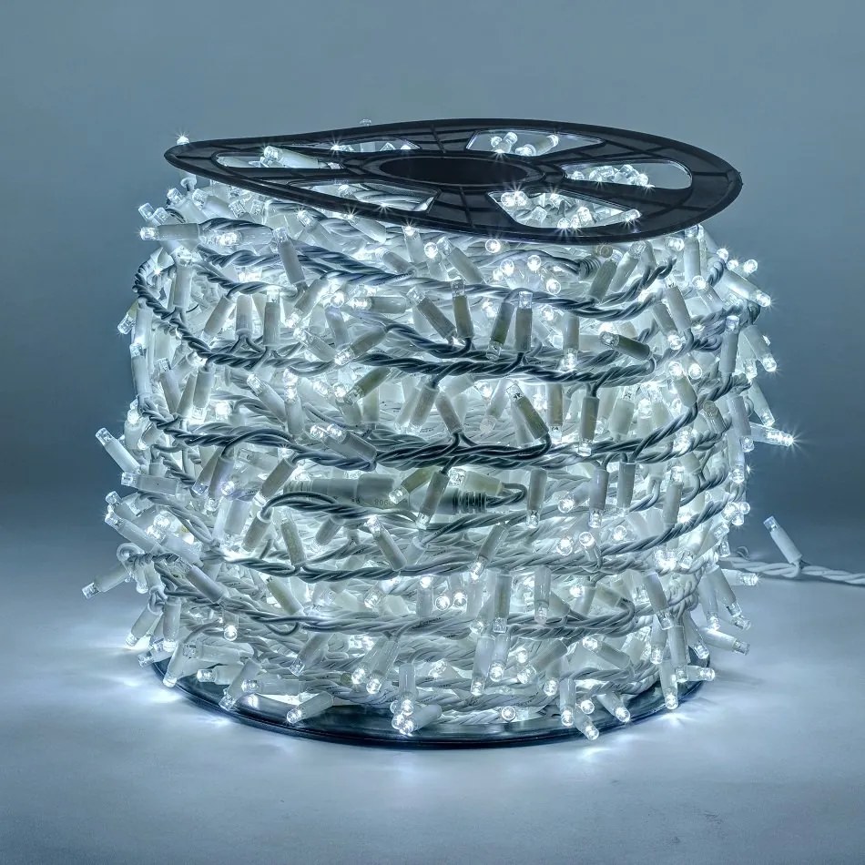 Easy Fix LED světelný řetěz, 100 m, venkovní, ledově bílá s FLASH, 2000 diod, bílý kabel, IP67, cívka