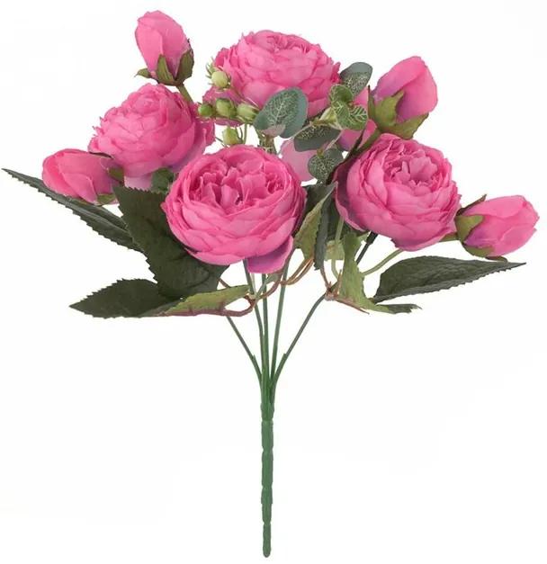 Umělá kytice 5 květů s listy - pivoňka, čajová růže Barva: tmavě růžová