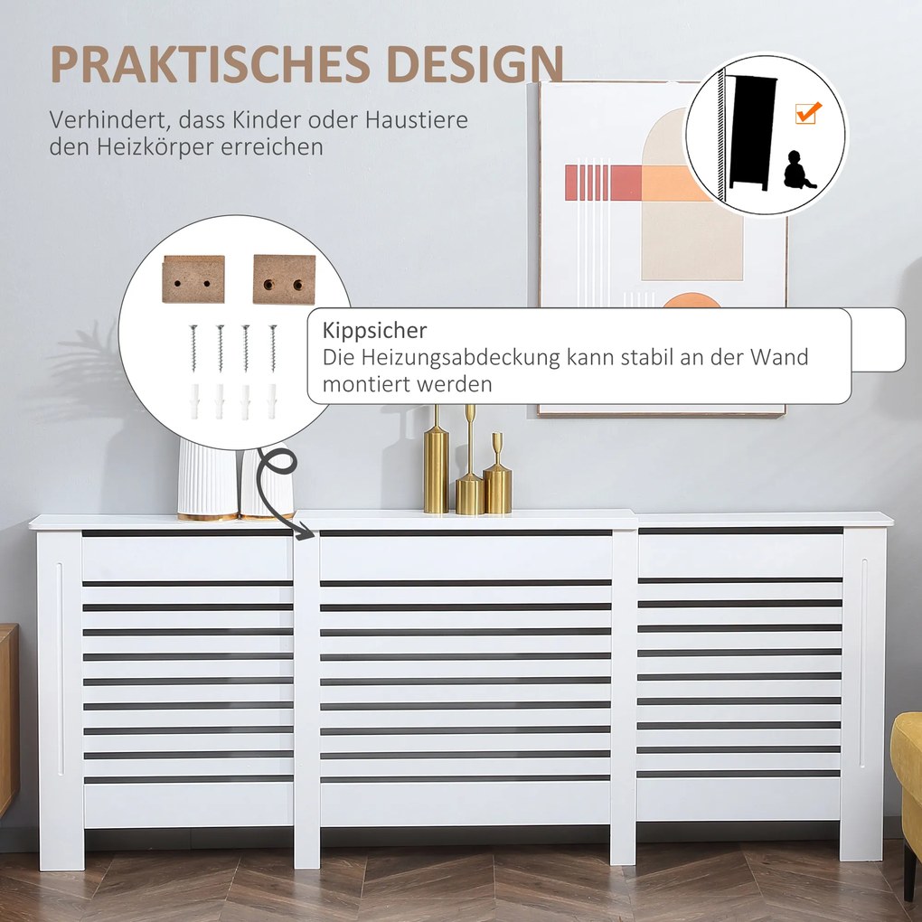 HOMCOM Nastavitelný kryt radiátoru s horní policí z MDF a dřeva, 140-202x19x82,5 cm, bílý