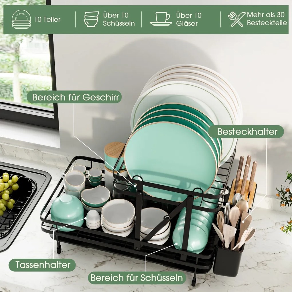 Costway Dish Drainer 2-vrstvý skládací kovový stojan na nádobí, černý