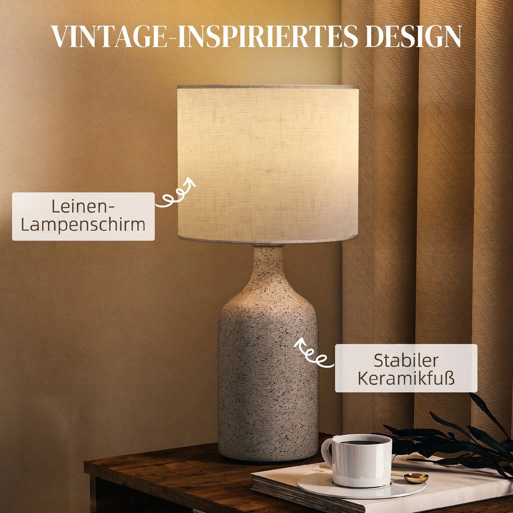 HOMCOM Stolní lampa, lampička na stůl, noční lampička, lampička na psací stůl s keramickým podstavcem, lněným stínidlem, 22x22x45 cm písková+béžová