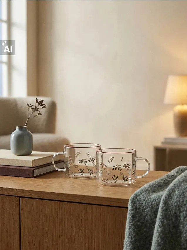 Sinsay - Vánoční skleněné hrnky s potiskem cesmíny a větviček 2 pack - clear