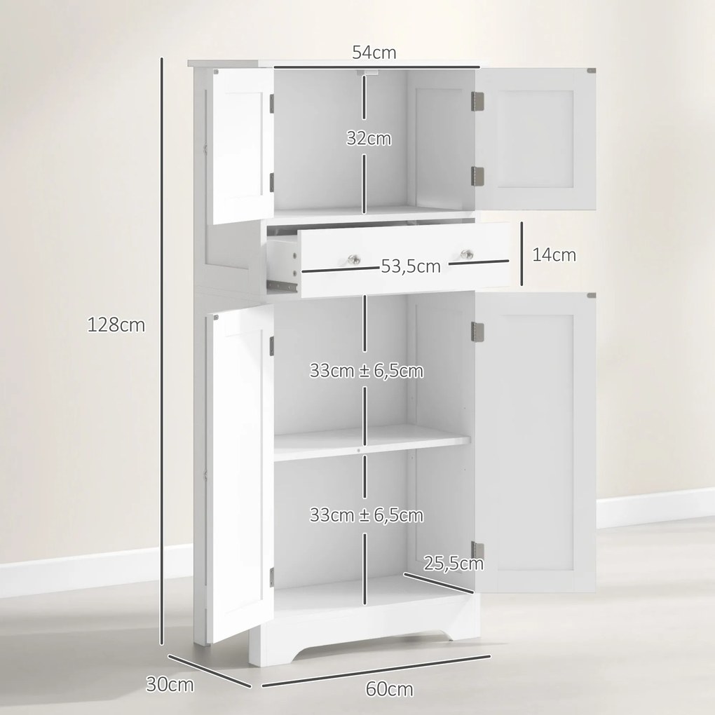 HOMCOM Moderní Kuchyňský Kabinet Buffet s Úložným Prostorem a Regály, Zásuvkou pro Jídelnu a Obývací Pokoj, 60 x 30 x 128 cm, Bílá