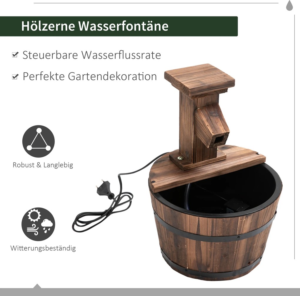 Outsunny zahradní fontána dekorativní fontána fontána sudová fontána vodopád s dřevěným vědrem z jedlového dřeva a kovu tmavě hnědá Ø27 x 37 cm | Aos…