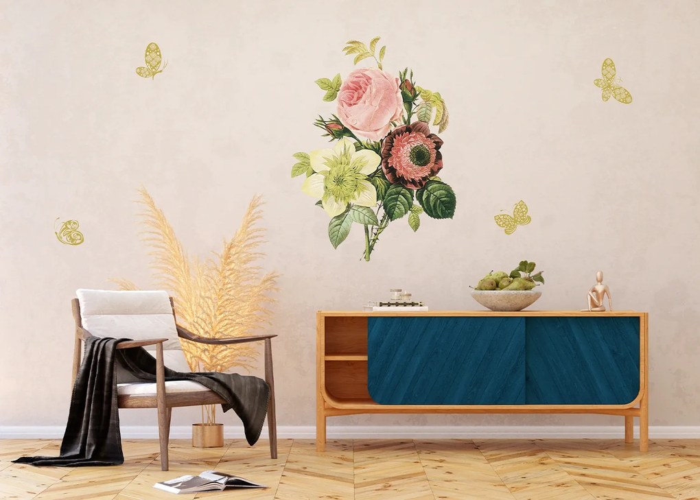 Samolepka na zeď Francouzská Růže a Zlaté Motýly | 65 x 85 cm | DF0456