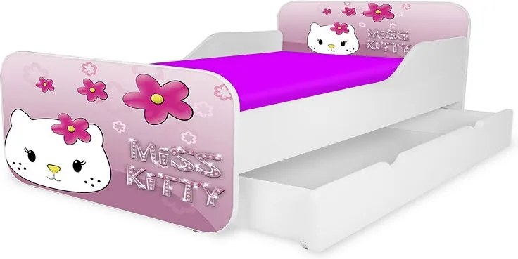 Dětská postel MISS KITTY s kytičkou se šuplíkem - small square - Rozměry 140x70 cm