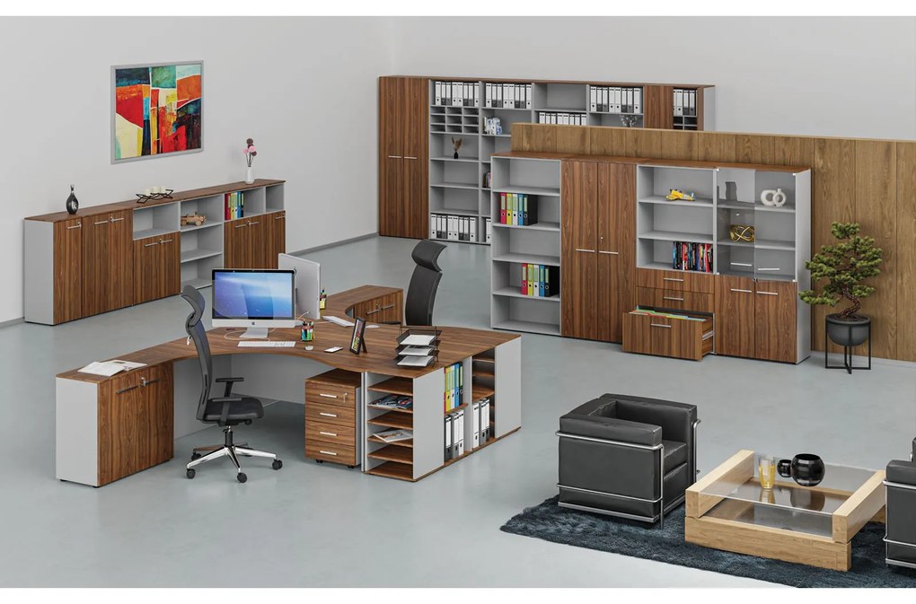 Ergonomický kancelářský pracovní stůl PRIMO GRAY, 1600 x 1200 mm, pravý, šedá/ořech