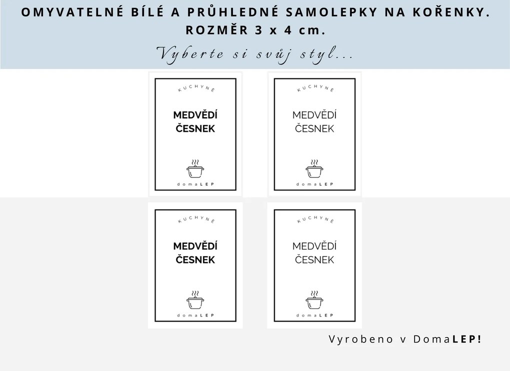 MEDVĚDÍ ČESNEK - Samolepka na kořenky 3 x 4 cm - DomaLEP varianta: PRŮHLEDNÁ - základní písmo