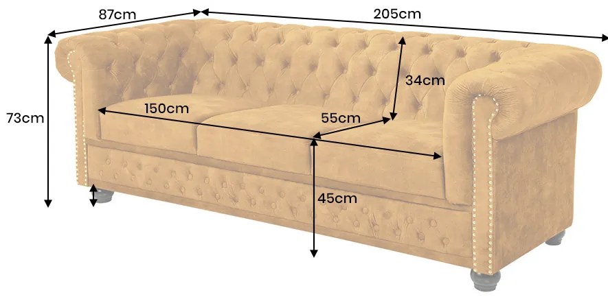 Designová trojsedačka Chesterfield 205 cm hořčičný samet