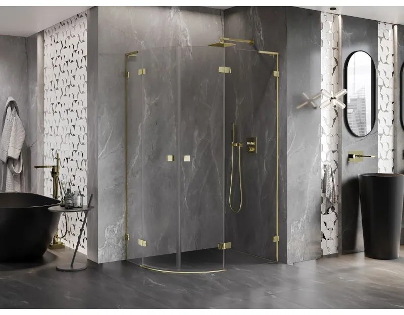 Mexen Lunar, L pravý půlkruhový sprchový kout 100 x 80 cm, 8mm čiré sklo, zlatý matný profil, 833L-100P-080L-55-00