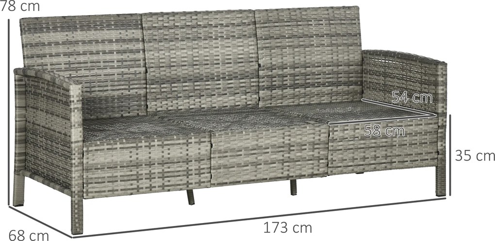 Třímístná zahradní ratanová pohovka Outsunny s polštáři, ocelový rám, šedá barva, 173 x 68 x 78 cm, ideální na terasu a balkon |