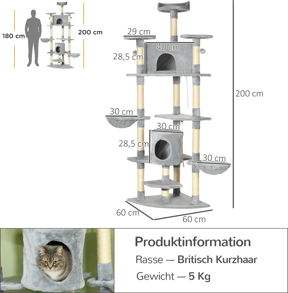 Škrabadlo PawHut velké 200 cm XXL kočičí strom s houpacími sítěmi pro velké kočky ve světle šedé barvě | Aosom.de