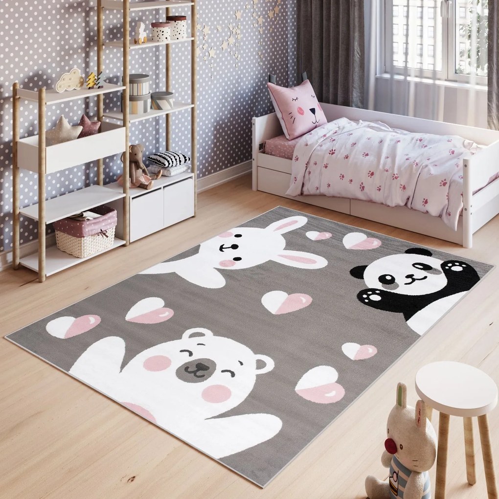 Dětský koberec PINKY Bear Panda Rabbit šedý - 80x150 cm