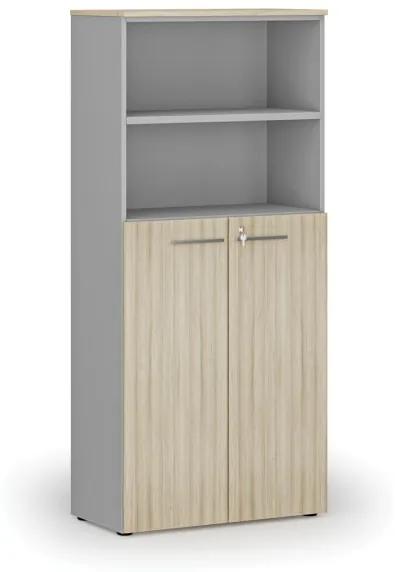 Kombinovaná kancelářská skříň PRIMO GRAY, dveře na 3 patra, 1781 x 800 x 420 mm, šedá/dub přírodní