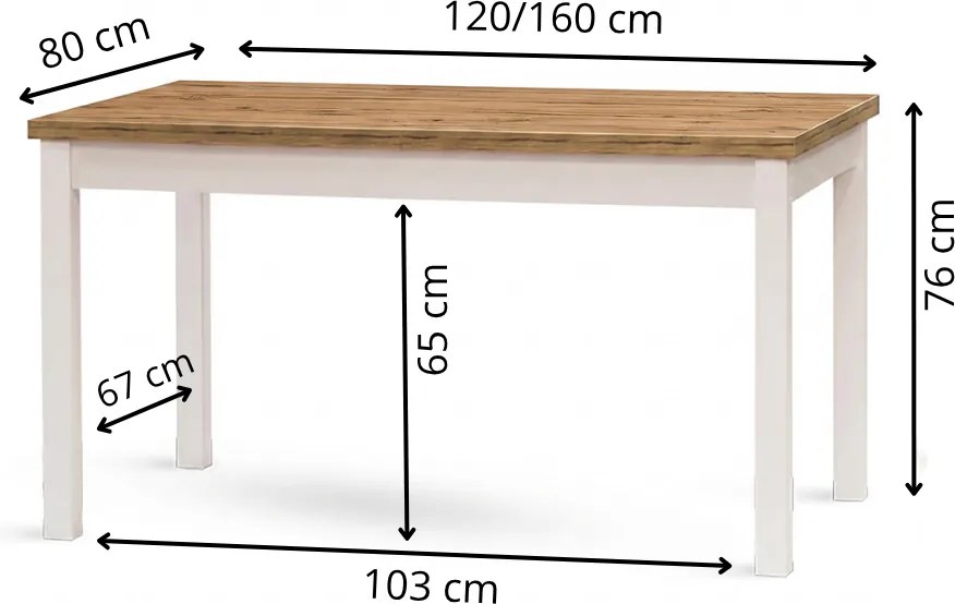 Rozkládací jídelní stůl PARMA | 120x80 cm | masiv buku + LDT 36 mm s ABS hranou | KVALITNÍ ZPRACOVÁNÍ | bílá/dub wotan