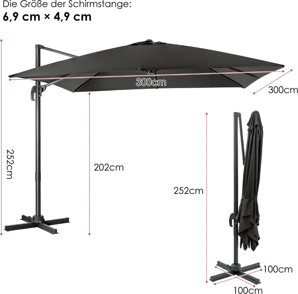 Costway Slunečník čtvercový s klikou – 300 × 300 cm, černý