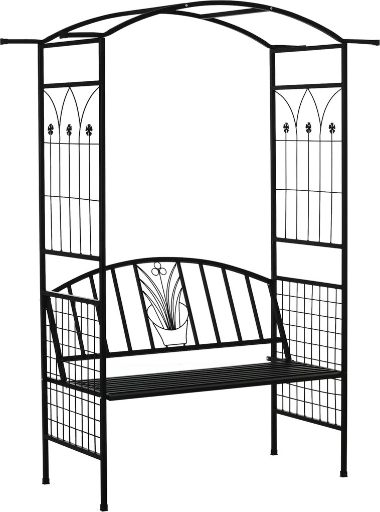 Zahradní oblouk Outsunny s lavičkou, kovový treláž na popínavé rostliny, černý, 154 x 60 x 205 cm