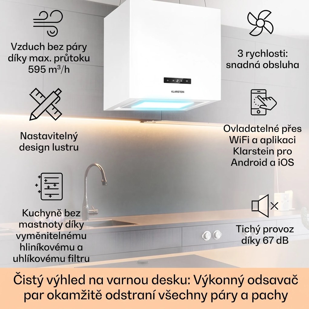 Klarstein Kronleuchter Smart, digestoř, 40 cm, ostrůvková, 595 m³/h, ovládání přes aplikaci, LED panel, bílá