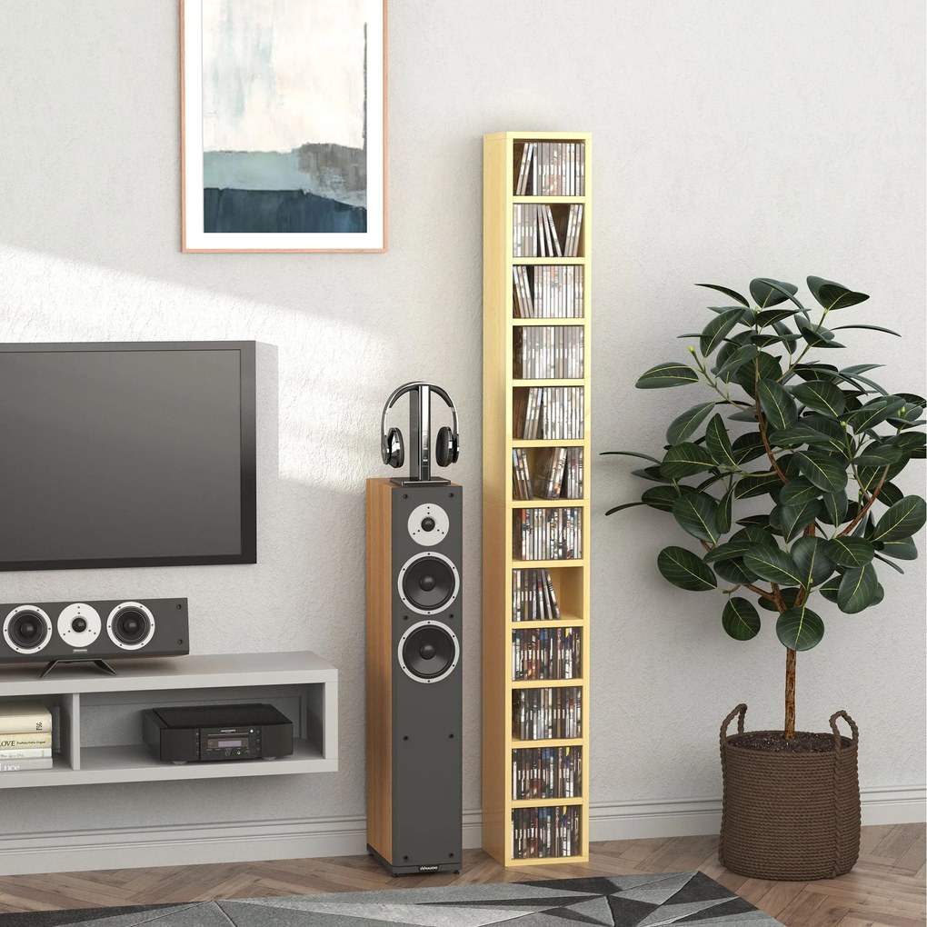 HOMCOM Úložný sloupec na CD a DVD, regál se 12 přihrádkami, kapacita max. 204 CD, 21 x 20 x 175 cm, přírodní dřevo