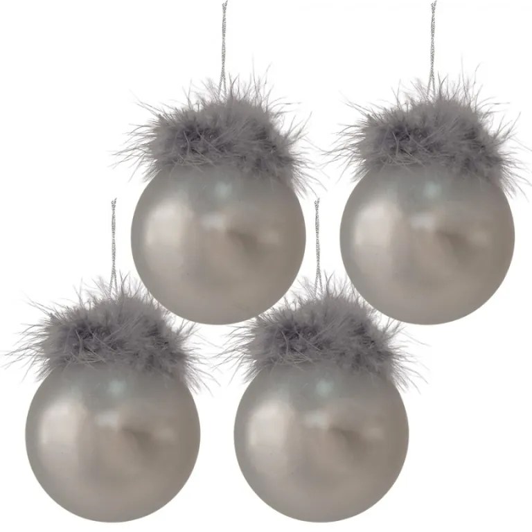 4ks stříbrná vánoční ozdoba koule s peříčky – 8 cm