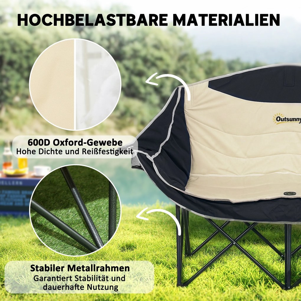 Outsunny Skládací židle skládací 2místná kempingová židle s držákem na kelímek Přepravní taška do 250 kg nosnosti Khaki