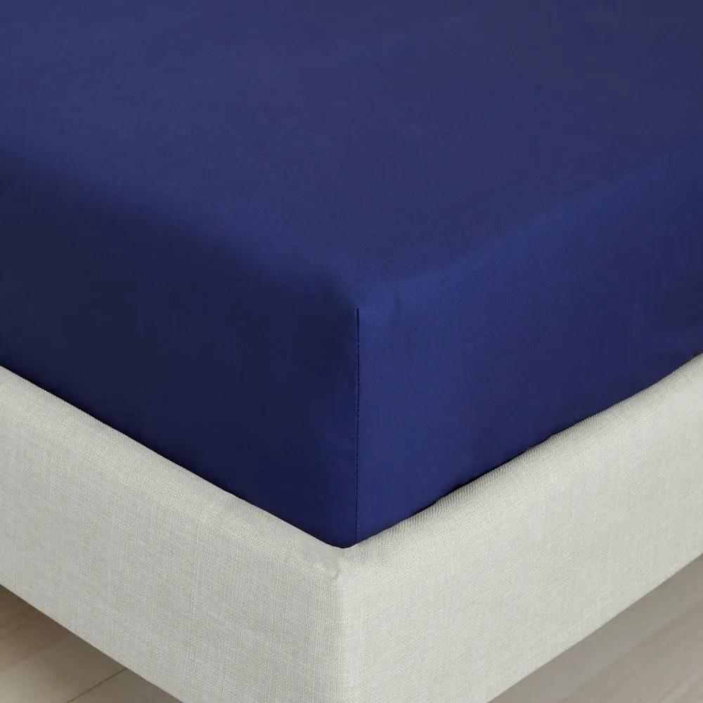 Tmavě modré napínací prostěradlo z bavlněného perkálu 185x200 cm Cotton Percale – Bianca