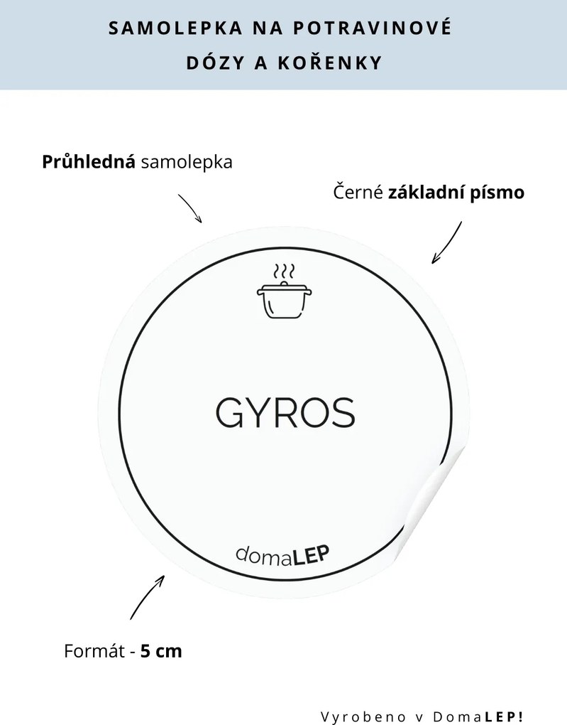 Samolepka na kořenky GYROS průhledná 5 cm základní písmo