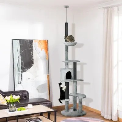 Stropní škrabadlo PawHut výškově nastavitelné 225-255 cm s ochranou proti překlopení Jeskyně pro kočky Škrabadla Hrací míč Grey