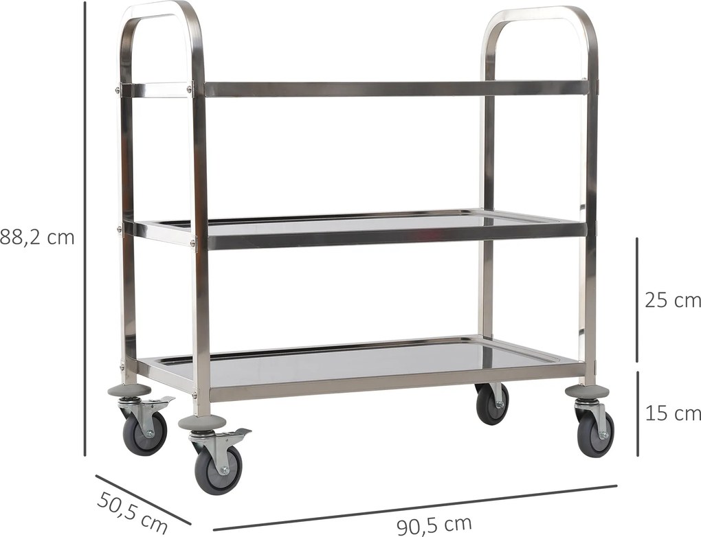 HOMCOM Nerezový vozík s kolečky do kuchyně s podnosy a 2 pažemi pro jídelnu a obývací pokoj 85x45x90 cm Stříbrná