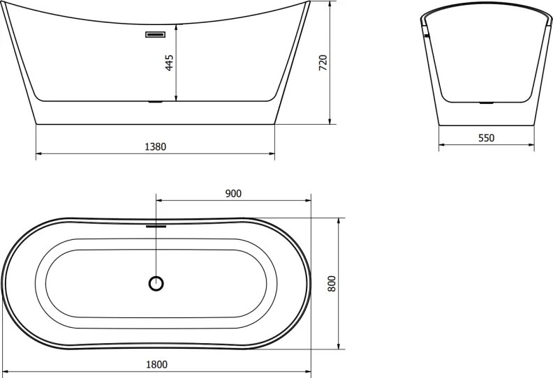 Mexen Montana, volně stojící vana 180 x 80 cm, bílá, černý matný přepad, 52011808000-70
