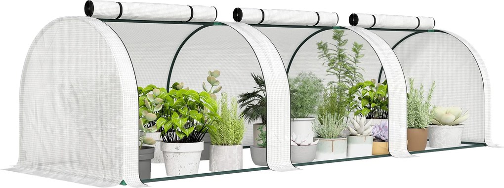Outsunny mini skleníkový tunel pro rajčata 3 × 1 × 0,80 m, práškově lakovaný ocelový rám, vysokohustotní PE 140 g/m², odolný proti UV, 3 rolovací zip-