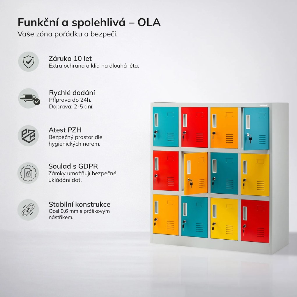 Plechová šatní skříň s 12 boxy OLA, 1090 x 1200 x 450 mm, šedo-více barevní