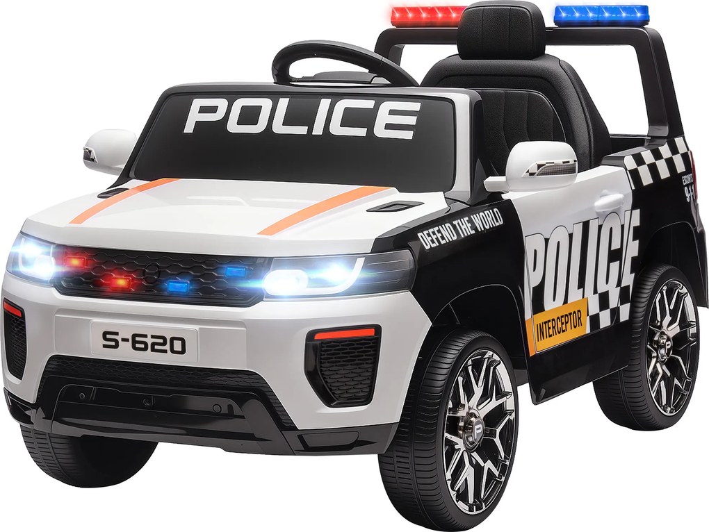 AIYAPLAY dětské policejní elektrické auto s dálkovým ovládáním, dvojitý motor, siréna, 4-kolová odpružení a světla, bílé