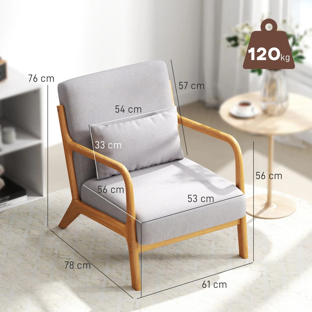 HOMCOM Lounge Křeslo Nordic Křeslo Obývací Pokoj S Rukama Polštář a Rám z Kaučukovníku pro Ložnici Nosnost 120 kg 61x78x76 cm Šedé