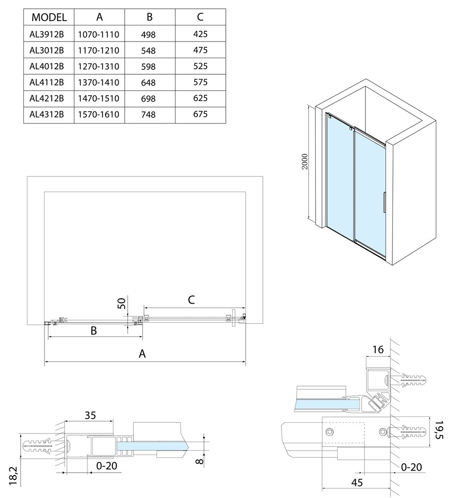 Polysan, ALTIS LINE BLACK sprchové dveře 1070-1110mm, výška 2000mm, sklo 8mm, AL3912B