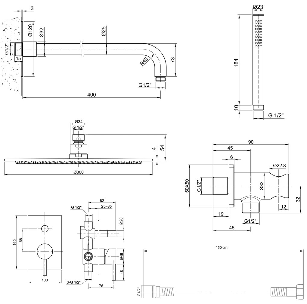 Sapho, MINIMAL podomítkový sprchový set s pákovou baterií, 2 výstupy, nerez, MI042-01