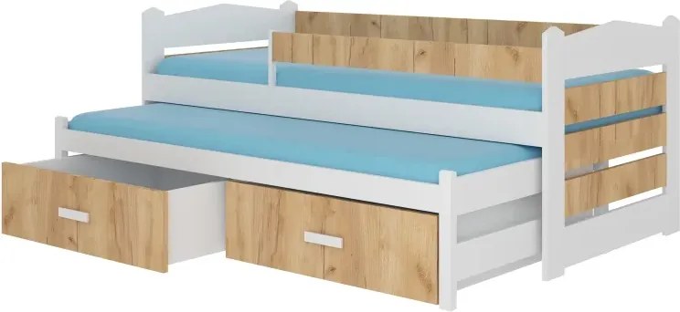Postel dvojitá s bariérou a matracemi TIARRO 180x80 bílá – zlatý dub (87 x 80) cm