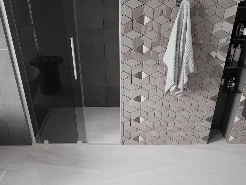 Mexen Velar L, posuvné sprchové dveře do otvoru 110 cm, 8mm šedé sklo, broušená ocel, 871-110-003-41-97