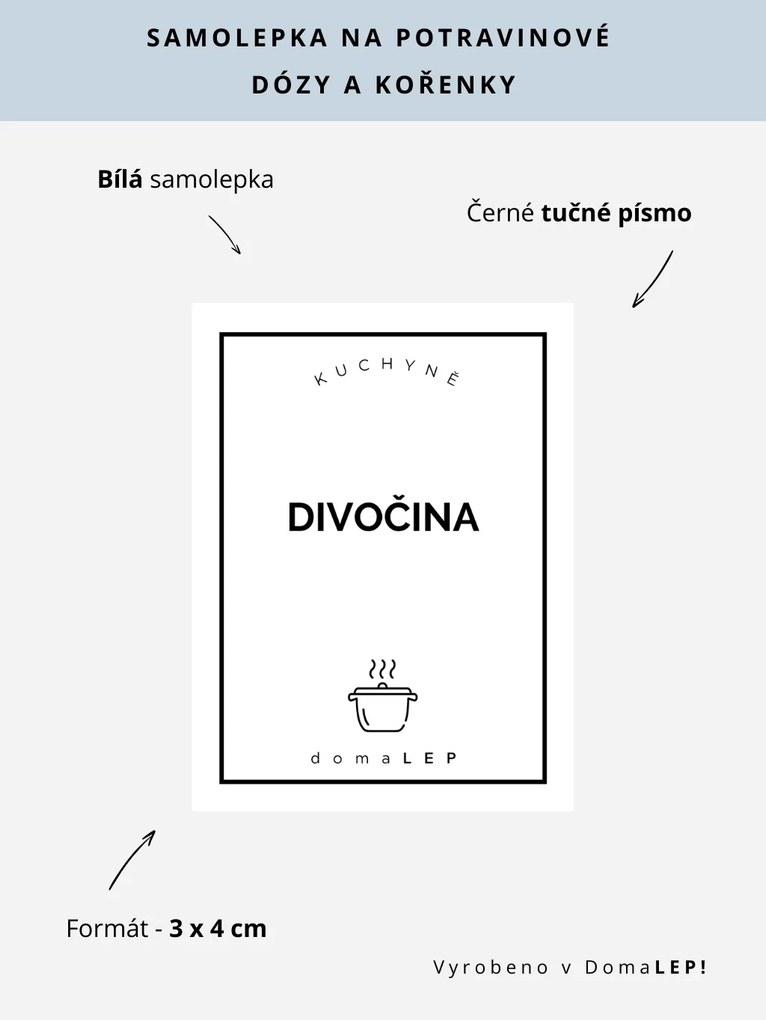 Samolepka na kořenky DIVOČINA bílá 3 × 4 cm tučné písmo