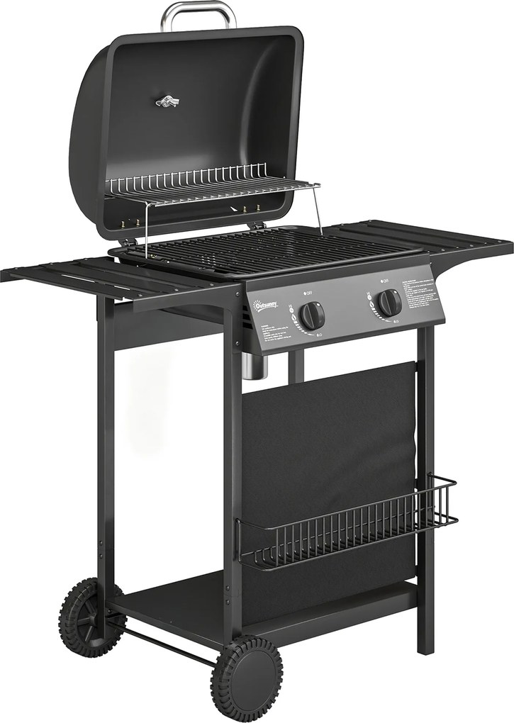 Outsunny Plynový gril 5 KW 2 hořáky BBQ grilovací vozík z nerezové oceli včetně bočního stolku spodní koš přední kryt teploměr smaltovaný grilovací r…