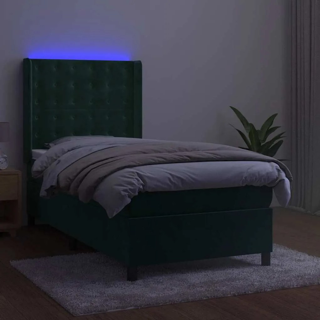 Box spring postel s matrací a LED tmavě zelená 80x200 cm samet 3139772