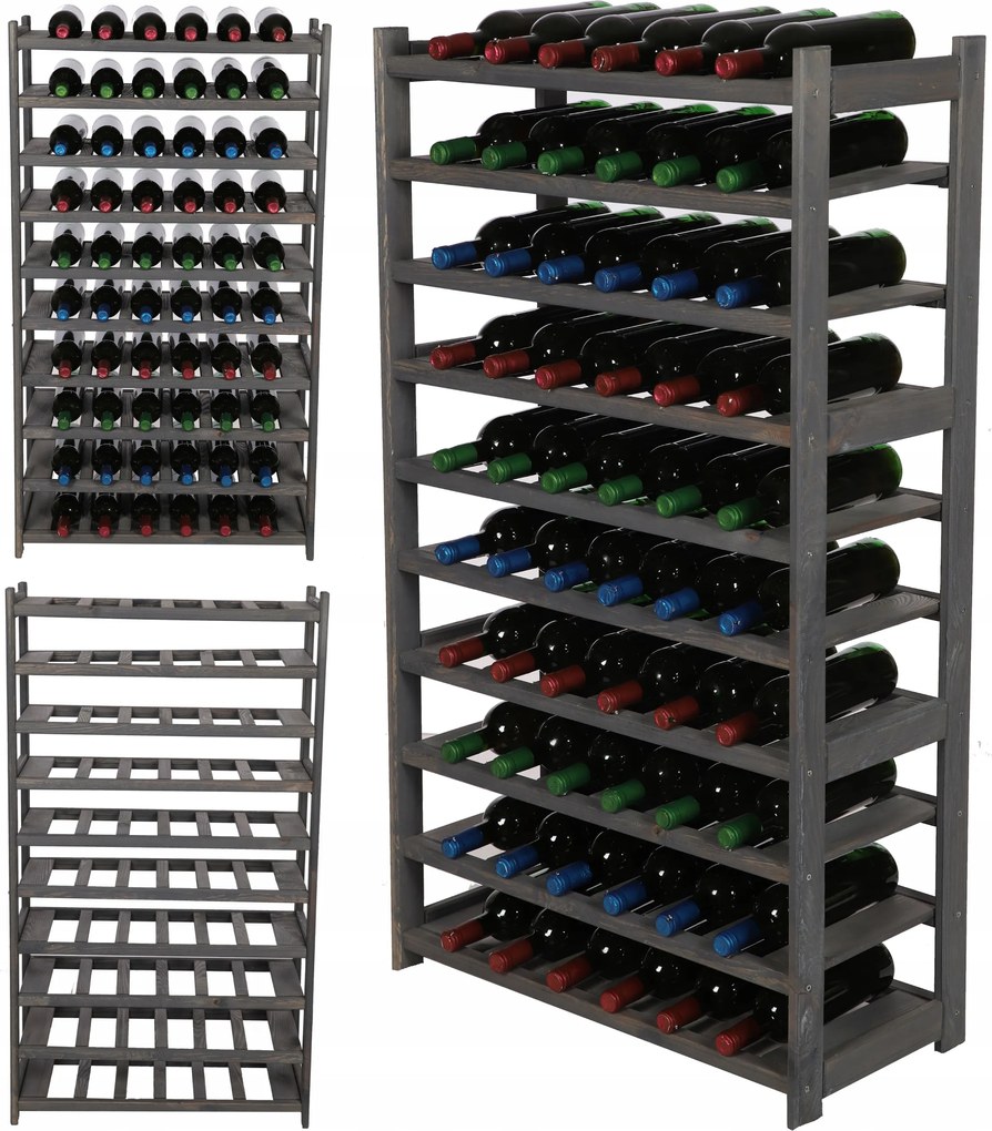 Regál na víno, stojan na lahve, 10 polic, 60 lahví, regál na borovice, Prostorný