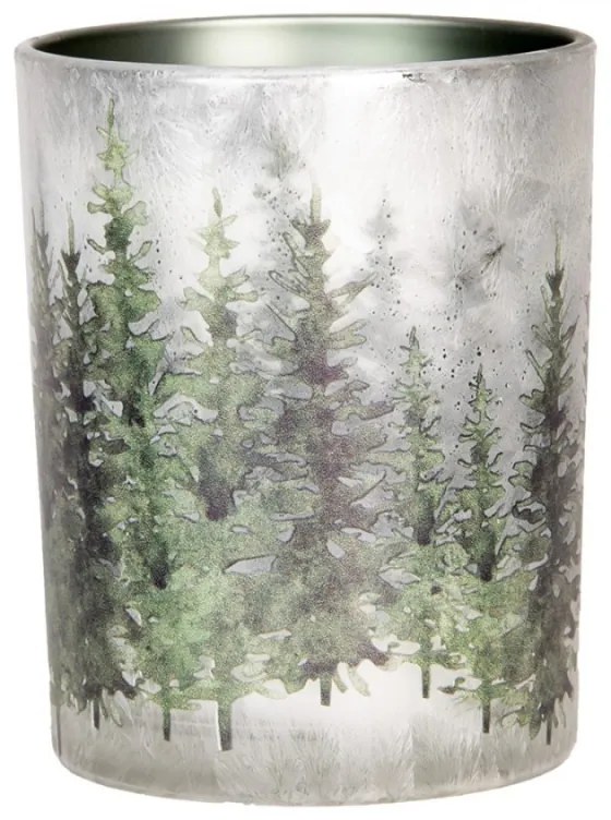 Sada 2 šedé skleněné svícny zelené jehličnaté stromky – 10x22 cm